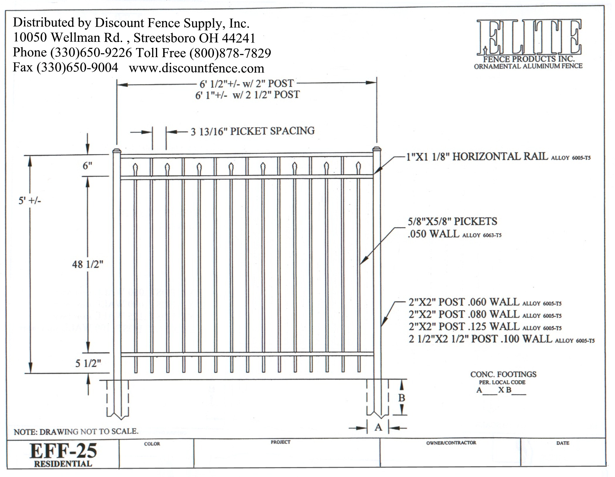 Elite Aluminum Fence EFF-25 5ft Drawings
